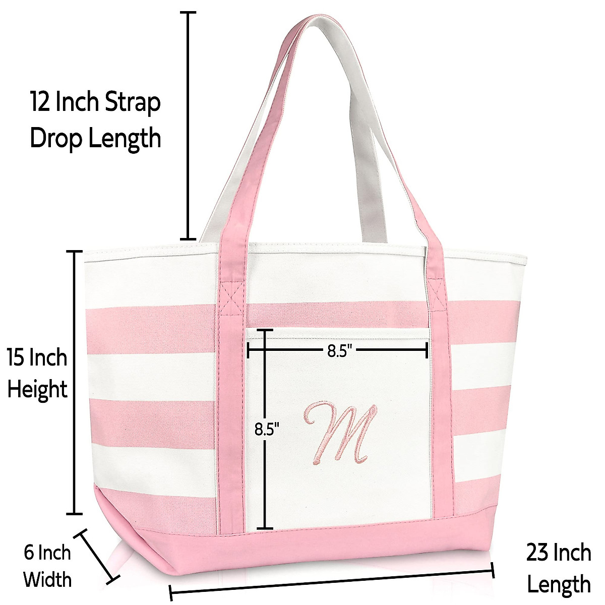 DALIX Striped Beach Bag Tote Bags Satchel Personalized Pink Ballent Letter M