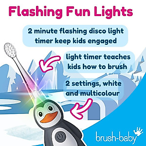 brush-baby WildOnes Kids Electric Rechargeable Toothbrush Penguin, 1 Handle, 3 Brush Heads, USB Charging Cable, for Ages 0-10 (Penguin)