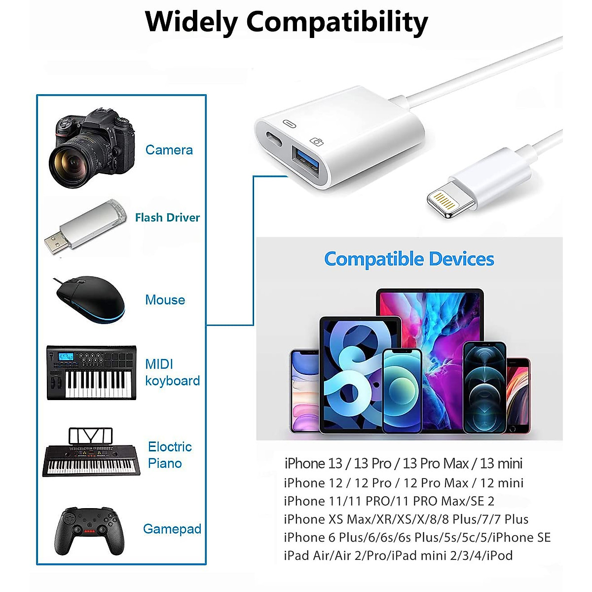 Apple Lightning to USB Camera Adapter with Charging Port, USB 3.0 OTG Cable for iPhone/iPad to Connect Card Reader, USB Flash Drive, U Disk, Keyboard, Mouse, Hubs, MIDI, Plug & Play