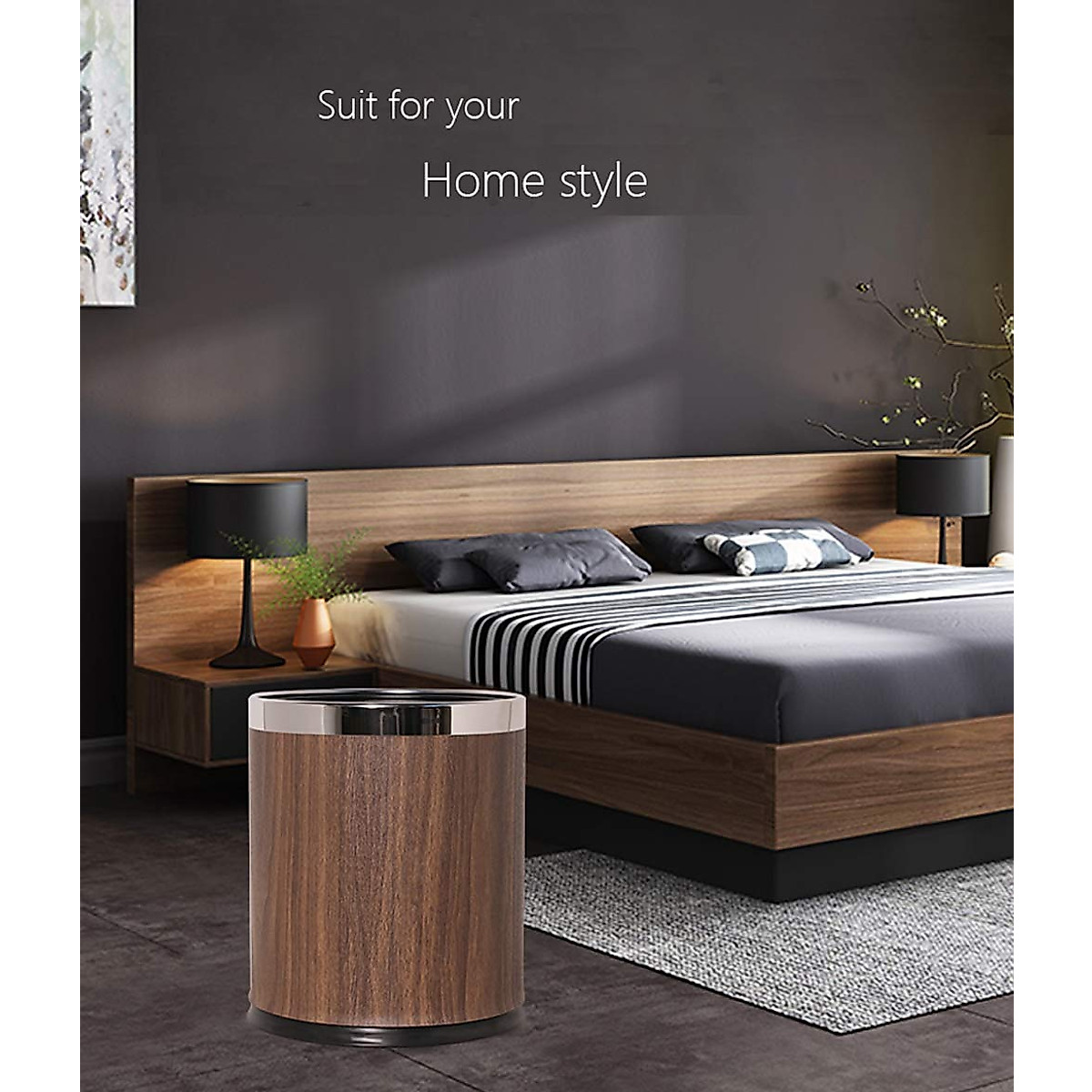 GohomeLoby Metal Trash Can, Double Cans Top Open Without Lid Waste Bin Hotel Office Wastebasket (Walnut Leather Silver Ring)