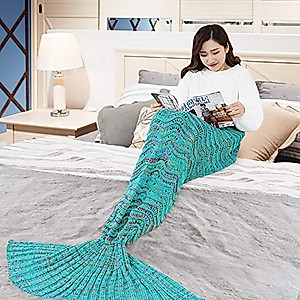 Fu Store Mermaid Tail Blanket Crochet Mermaid Blanket for Women Teens Girls Soft All Seasons Sofa Sleeping Blanket, Cool Birthday Wedding Mother's Day, 71 x 35 Inches, Mint Green