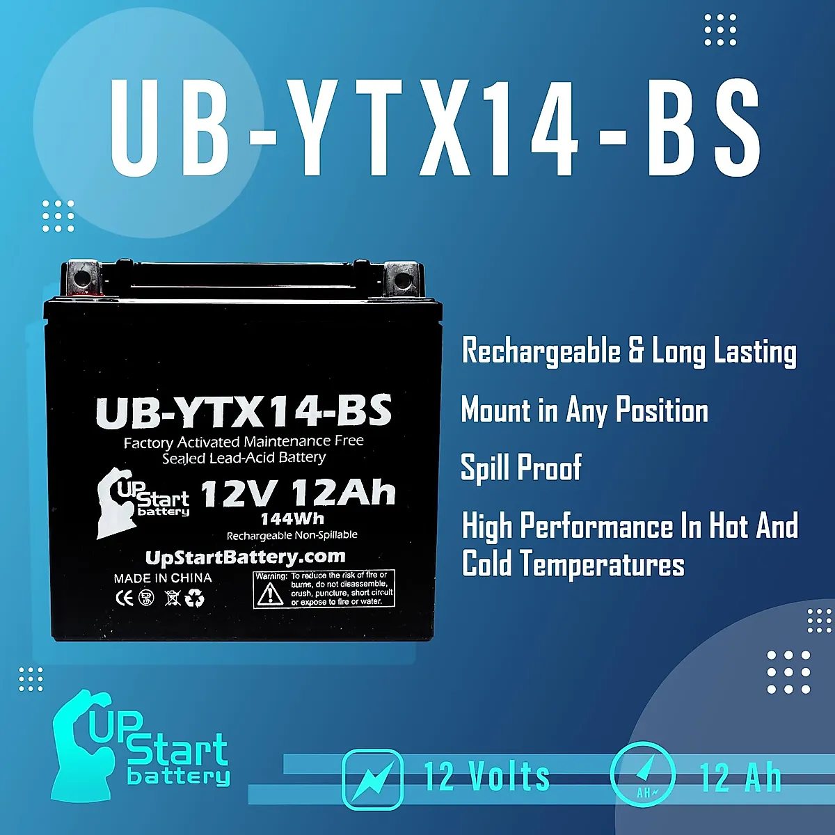 Replacement for 2006 Honda TRX350 Rancher 350 CC Factory Activated, Maintenance Free, ATV Battery - 12V, 12AH, UB-YTX14-BS