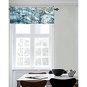 DoremiHome Marble Liquid Abstract Art Window Valance Rod Pocket Curtain Valance for Kitchen/Living Room,Blue White Gold Gradient Short Curtain Panels Window Treatment Decor Curtains 54x18in