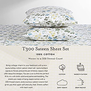 Laura Ashley Home - Queen Sheets, Soft Sateen Cotton Bedding Set - Sleek, Smooth, & Breathable Home Decor (Garden Palace Blue, 4 pcs, Queen)