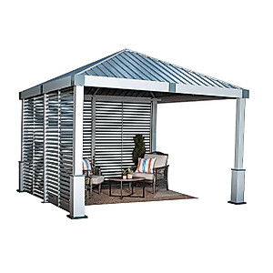 Sojag Outdoor 12' x 12' Nanda Louver Wall Hardtop Gazebo Outdoor Sun Shelter, Light Grey