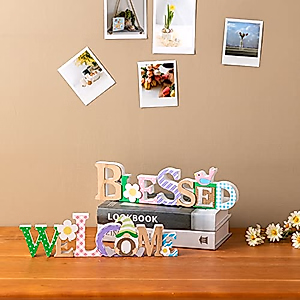 hogardeck Spring Decorations for Home, 2 Pcs WELCOME BLESSED Wood Sign Spring Decor, Rustic Gnome Flower Bird Wooden Block Set Table Centerpiece Farmhouse Ornaments for Mantle Tabletop Tiered Tray Home Decor