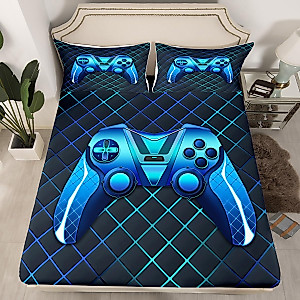 Erosebridal Gamer Bed Sheets Set for Boys, Gaming Sheet Sets Twin Size Video Game Contoller Sheets Gaming Gifts for Teenage Boys, Geometric Diamond Gamepad Flat Fitted Sheet with 1 Pillow Case, Blue