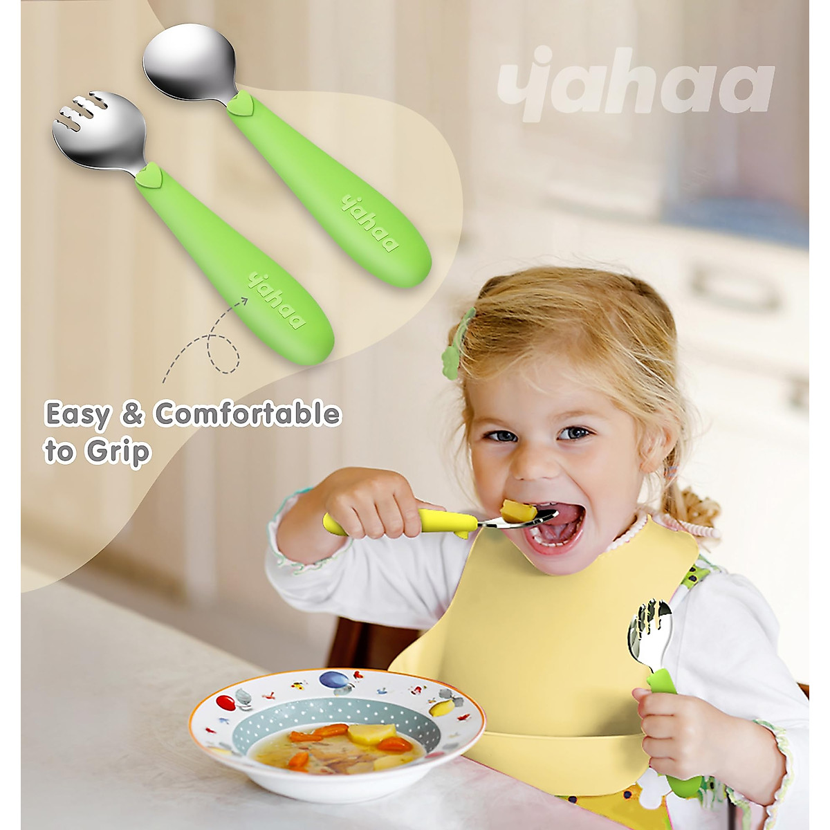 Toddler Utensils with Silicone Handle,6 pcs Kids Silverware Set,Baby Forks and Spoons for Self-Feeding,Green Yellow Navy