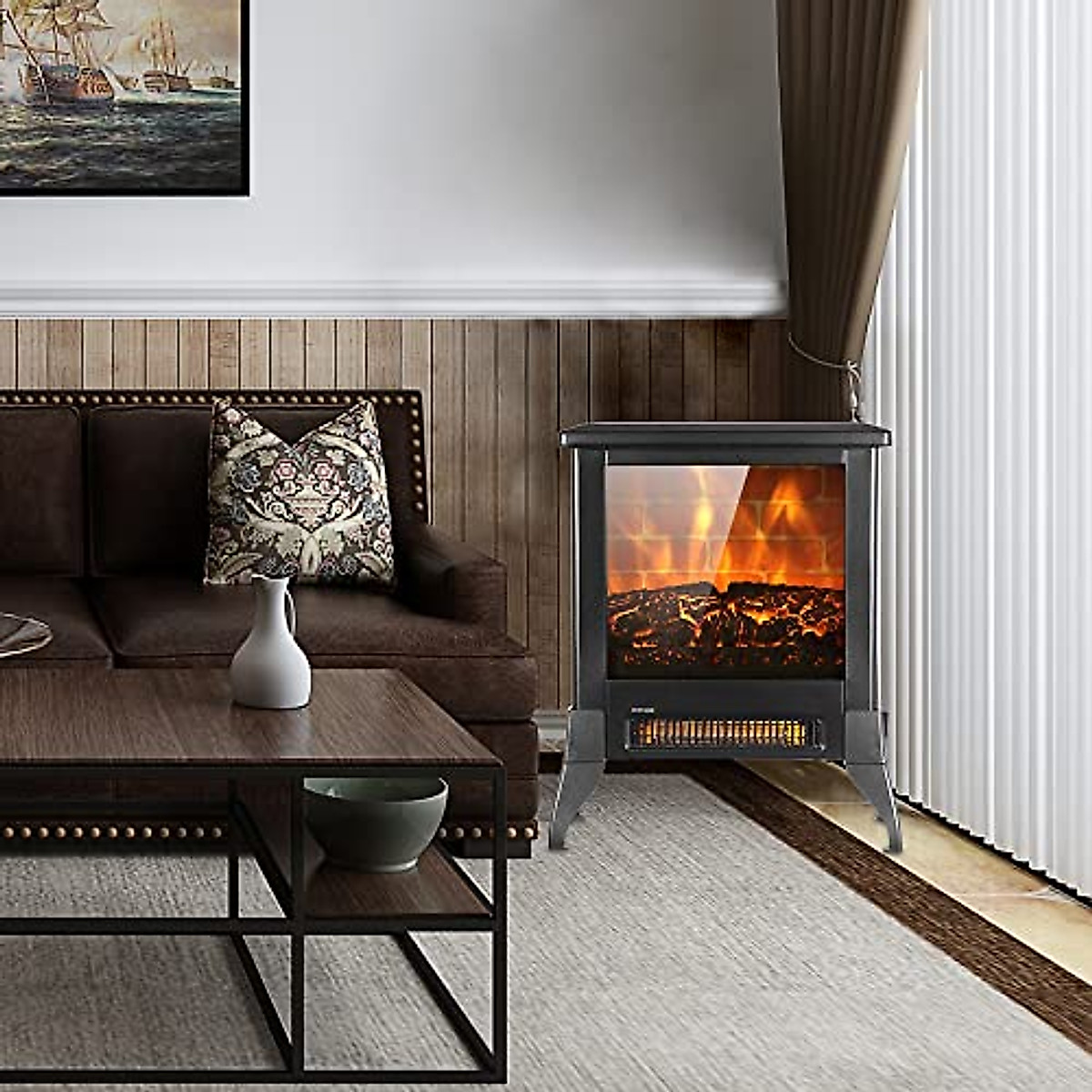 1400W Electric Fireplace Heater, Freestanding Electric Fireplace with Realistic Flame Effect, Portable Fireplace with Adjustable Temperature and Overheat Protection, Metal Stove Fireplace Heater