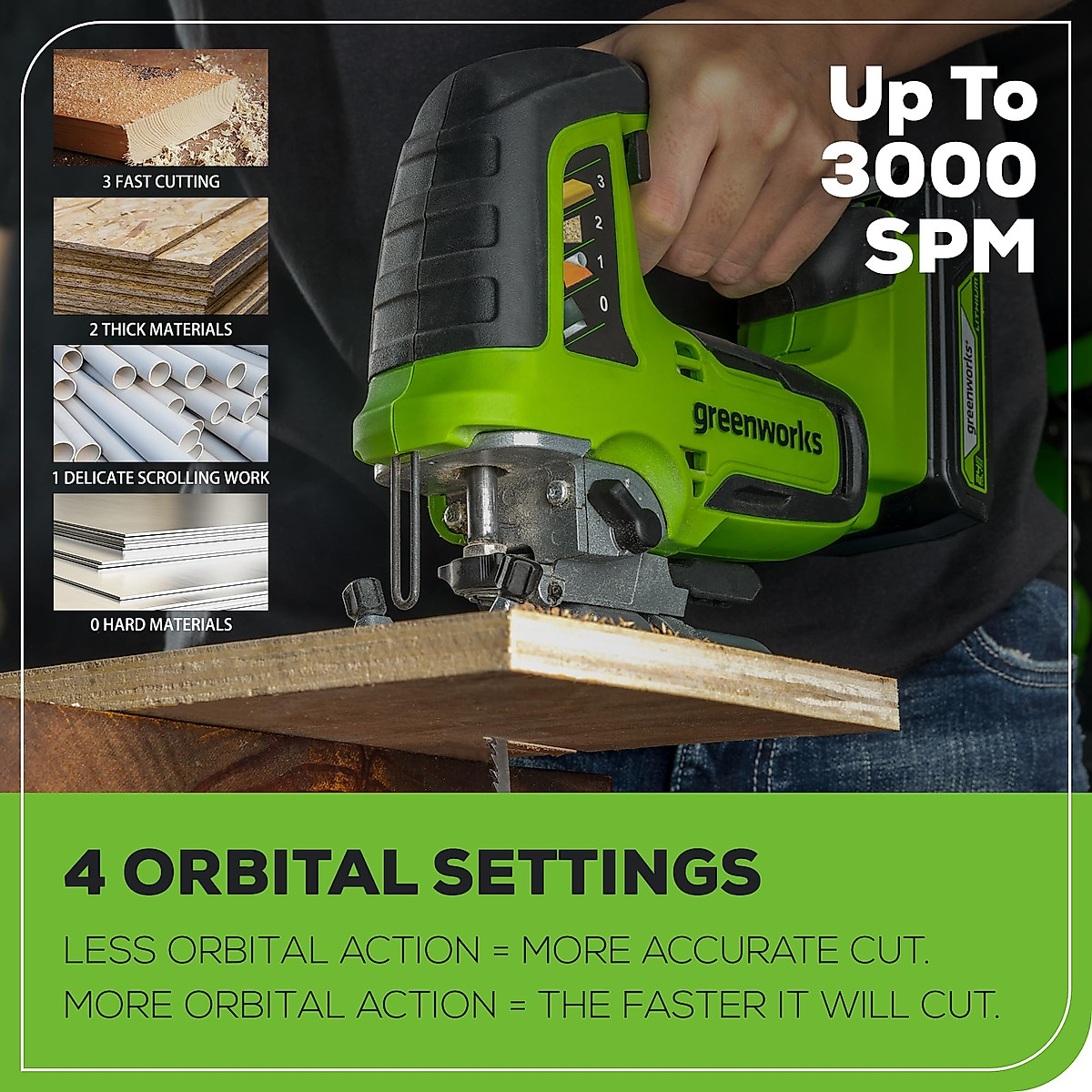Greenworks 24V Brushless Cordless Jig Saw,3000 SPM,1 Inch Stroke Length Jigsaw with 6PCS Blades,4 Orbital Settings,45 Degree Cutting Angle,Tool-Free Blade Changing