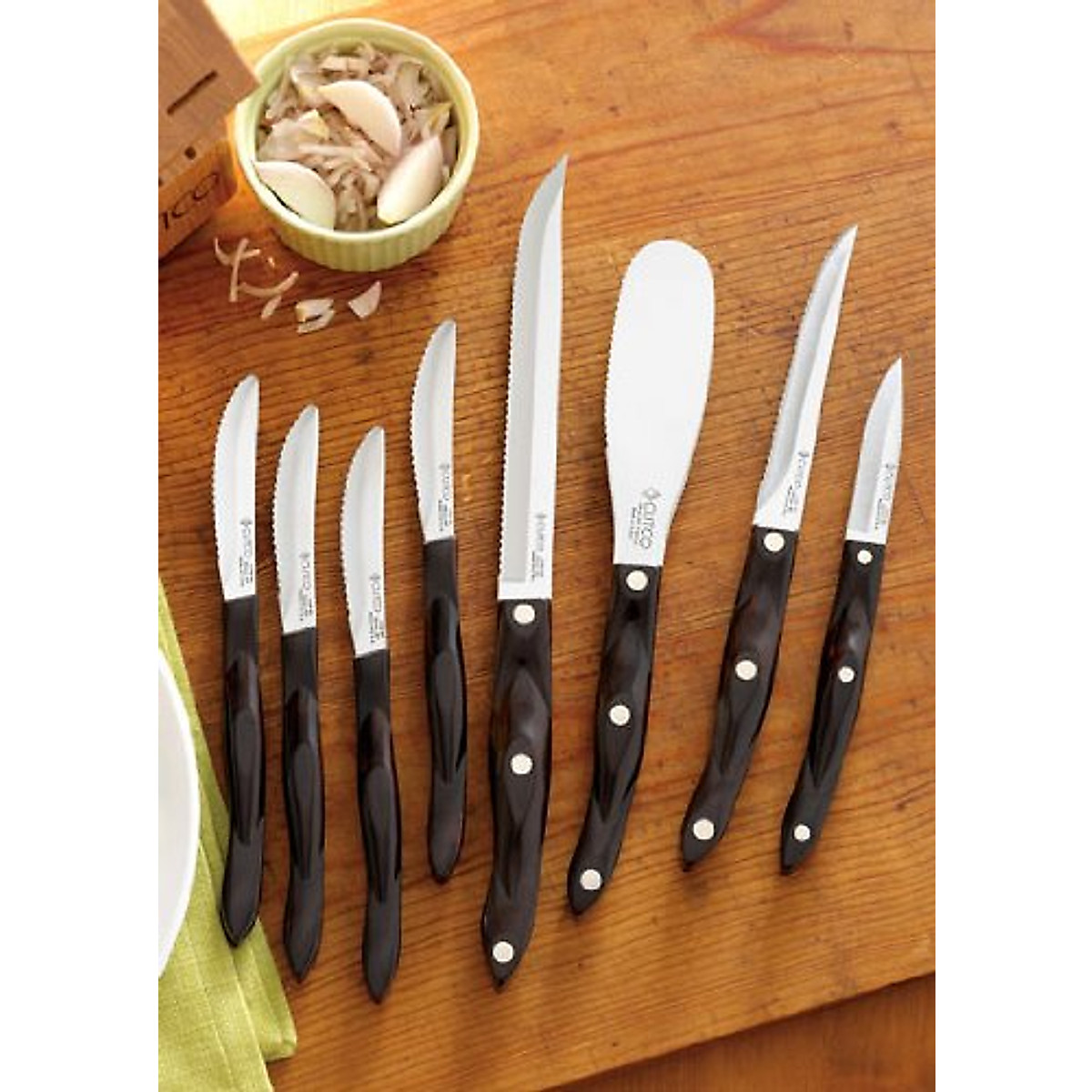 CUTCO Model 1810 Studio +4 Set with bonus CUTCO Polishing Cloth. Set includes 1720 Paring Knife, 1721 Trimmer, 1729 Petite Carver, 1768 Spatula Spreader, and 4-1759 Table/Steak Knives, all in individual Factory-Sealed plastic bags + 1751 Oak Block.