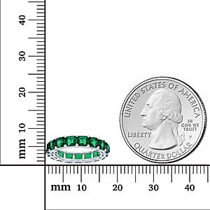 Sterling Silver Rhodium Polished 4mm Emerald Princess Cubic Zirconia Eternity Band for Women | AAA Cubic Zirconia Spinel Gemstone Engadgement Wedding Ring | Sizes 5-10