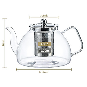 Wlasss Glass Teapot with Stainless Steel Removable Infuser (1200 ml/40 oz), Glass Tea Kettle Stovetop Safe for Blooming and Loose Leaf Tea
