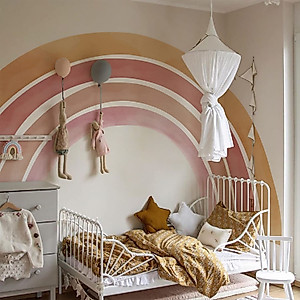 astrkiz Large Fabric Boho Rainbow Wall Mural Decals Peel and Stick, Precut Watercolor Coral Peach Pink Rainbow Wall Art Stickers for Girls Bedroom, Kids Wall Sticker Decor Playroom, 87.40" x 46.47"