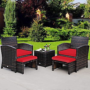 Tangkula 5 Pieces Patio Rattan Furniture Set, Outdoor Conversation Set with Cushioned Chair & Ottoman & Tempered Glass Coffee Table, All Weather Patio Sofa Sets for Garden, Backyard, Poolside (Red)