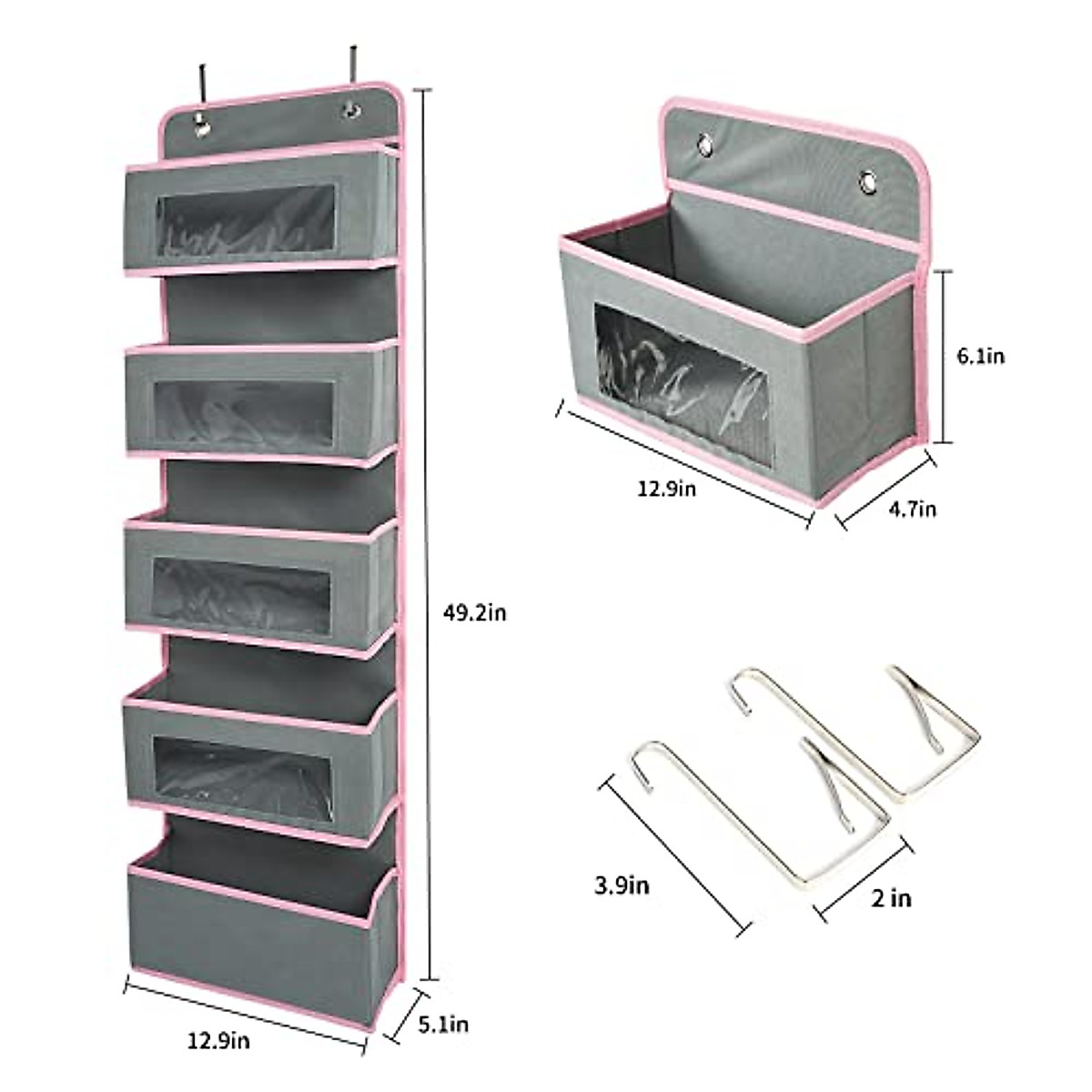 Vercord Door Hanging Organizer Storage Wall Mount Organization Foldable Hanging Shelves Kids Toy 5 Pocket 4 Clear Window with Metal Hook Grey