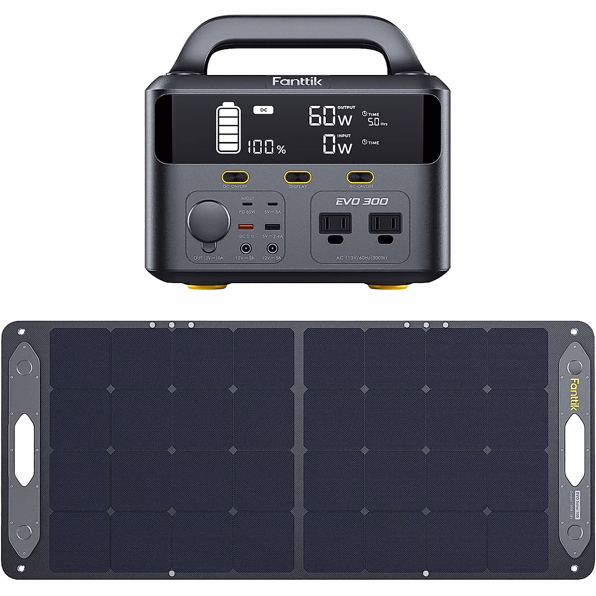 Fanttik EVO 300 Portable Power Station with 100W Solar Panel, 299Wh Backup Power Supply with Ultra Large Digital Screen, 2 AC 110V/300W (Peak 600W) Pure Sine Wave Outlets, for Outdoors Camping Travel