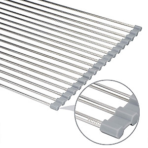 Hhyn Roll-Up Sink Drying Rack 17.7"(L) x 13.8"(W) - Multipurpose Heat Resistant Over The Sink Stainless Steel & Silicone Dish Drying Rack Rollable Kitchen Dish Drainer, Gray