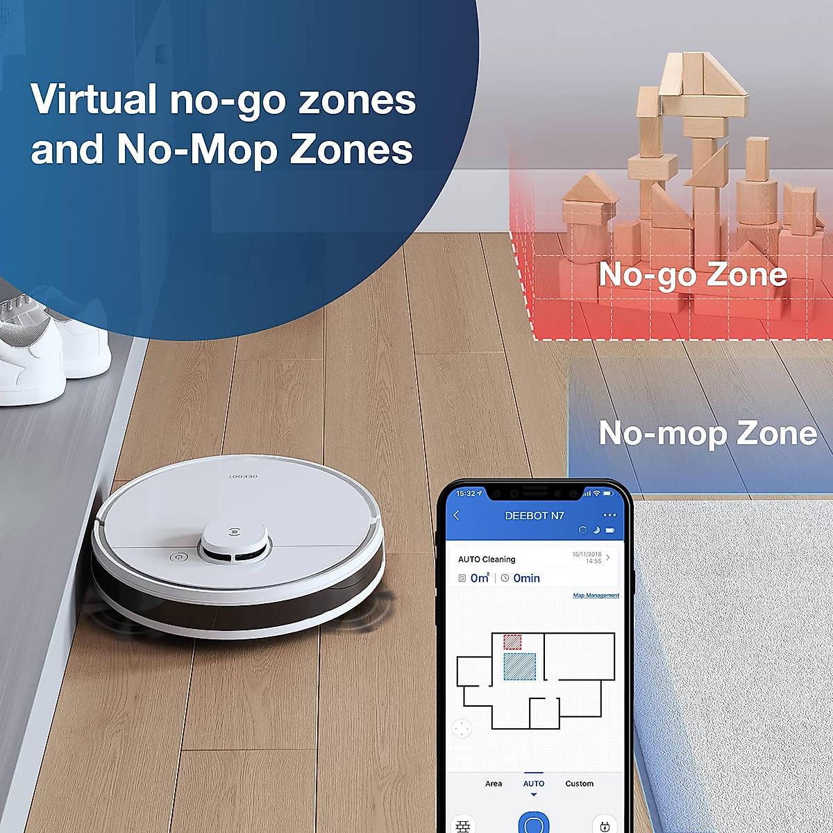 ECOVACS Deebot OZMO N7 Robot Vacuum and Mop Cleaner, Laser Navigation, Lidar-Assisted Object Avoidance, 2300Pa Suction, Multi-Floor Map, Selective Room Cleaning, No-go Zones and No-mop Zones (White)