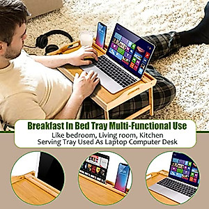 Bamboo Breakfast Bed Table with Legs 20 Inch Lap Trays for Adults Eating,Removable Media Slot Food Trays for Eat on Bed Trays for Adults
