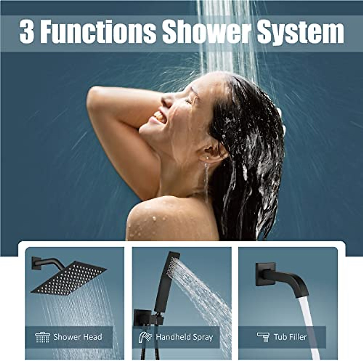 Aolemi Rainfall Shower System 8 Inch Matte Black Shower Head Combo Set with Tub Filler Handheld Shower Luxury Rough-in Valve Included Wall Mount Bathroom Shower Mixer Faucet