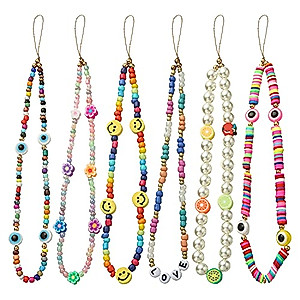 Taouzi 6PCS Beaded Phone Lanyard Wrist Strap Face Beaded Phone Charm Fruit Star Pearl Rainbow Color Beaded Phone Chain Strap for Women Girls