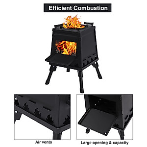 Lineslife Wood Burning Camp Stove, Portable Cast Iron Camping Wood Stove, Black Woodstove with Carrying Case for Backpacking Outdoor Cooking, Large