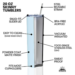 STRATA CUPS Periwinkle Skinny Tumbler with Lid and Straw (4 Pack) - 20 Oz Double Wall Insulated Stainless Steel Slim Tumbler with Straw Cleaner, Reusable Metal Tumbler for Hot and Cold Drinks