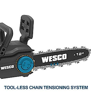 Cordless Chainsaw, WESCO Chain Saw, 2Pcs 4.0Ah Li-ion Battery and Charger Included, Tool-Free Chain Tensioning, Auto Chain Lubrication, Battery Power Chain Saws (40V - 12in)