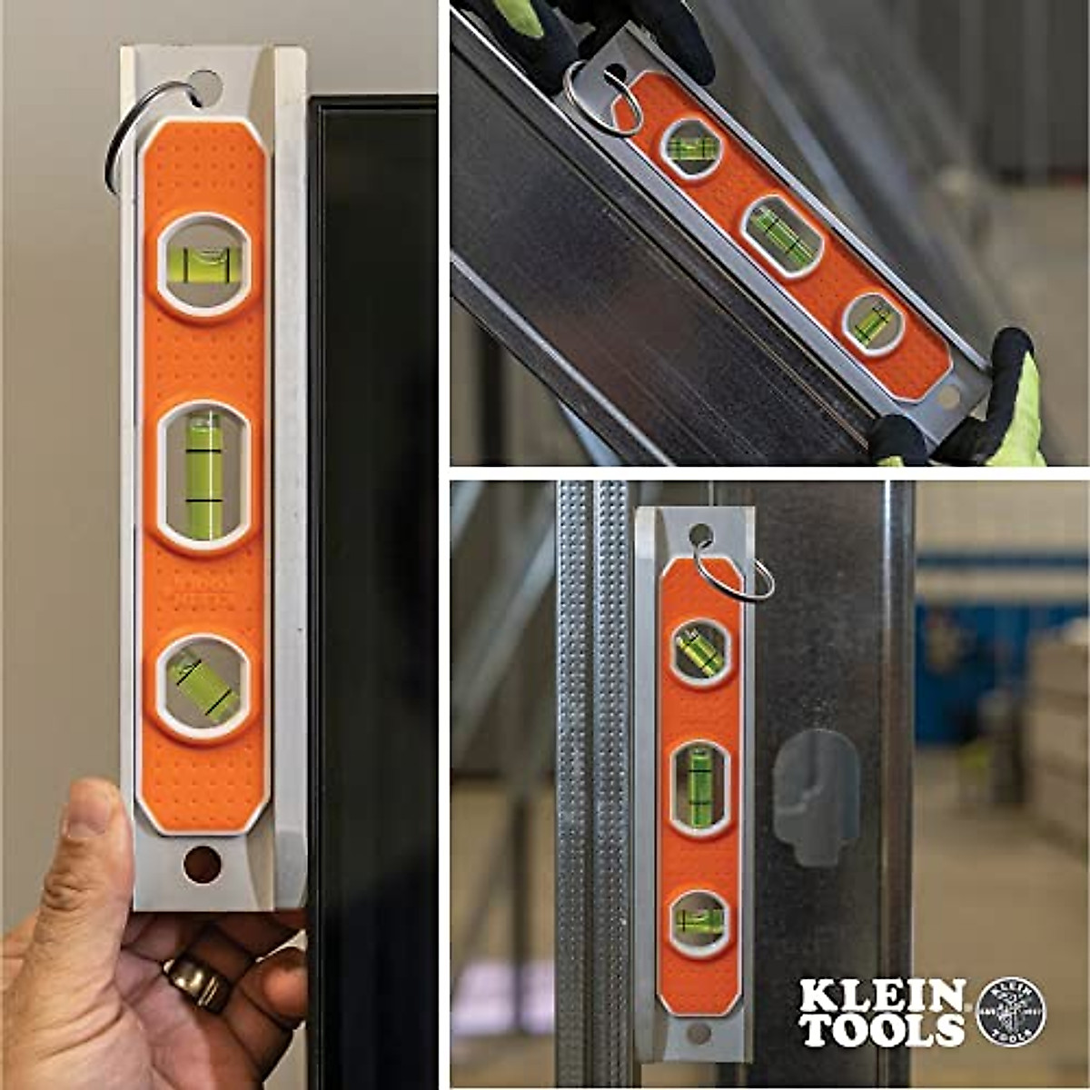 Klein Tools 9319RETT Level, 9-Inch Magnetic Aluminum Torpedo Level with 0/45/90 Degree Vials and V-groove, Tapered Nose