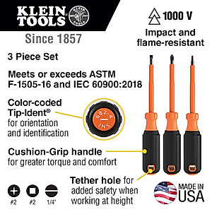 Klein Tools 85073INS Insulated Screwdriver Set features 1000V Phillips, Slotted and Square Tips, Cushion Grip Handles, 3-Piece
