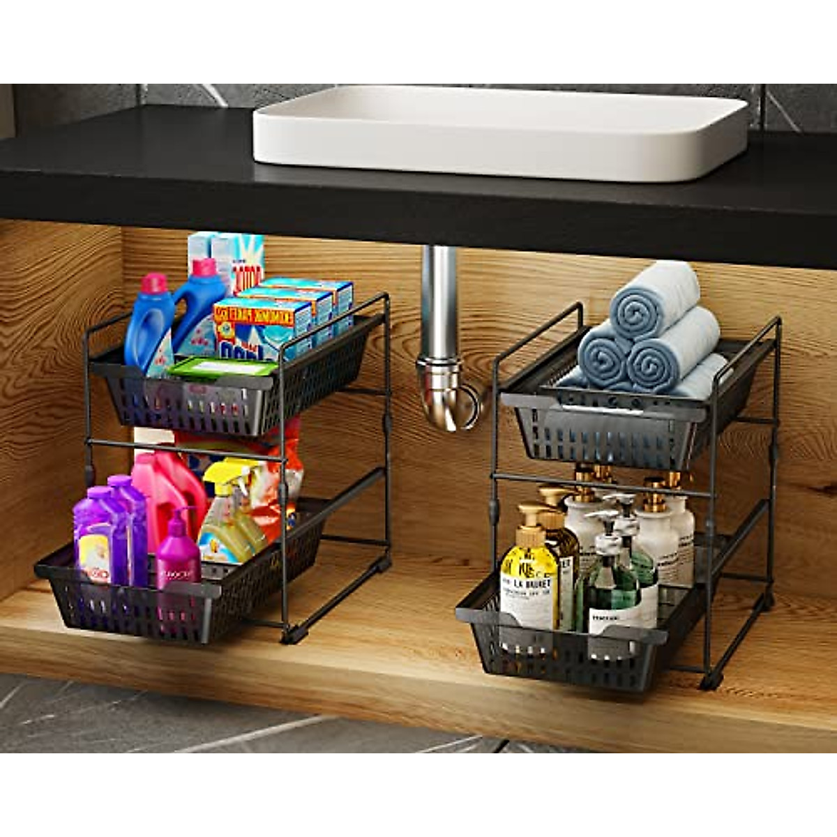 Under Sink Organizer,Bathroom Organizer Under Sink with Sliding Basket,Under Sink Cabinet Organizer Rack For Kitchen,Toilet,Sturdy,Anti-Rust Black