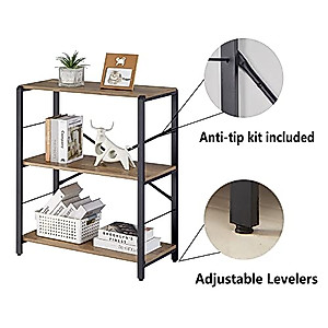 FOLUBAN Industrial Bookshelf, 3 Tier Open Book Shelf, Rustic Wood and Metal Shelving Unit for Living Room, Oak