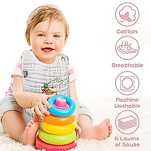 Zainpe 5Pcs Muslin Baby Bibs Star Cat Rabbit Pattern Cotton Lap-Shoulder Cloths Drool Bibs Machine Washable Pullover Feeding Bib with 6 Absorbent & Soft Layers for Unisex Infants Toddlers Newborns