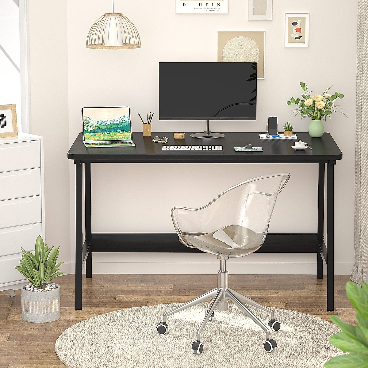 Topfurny Computer Desk, 39 Inch Small Computer Desk Study Table for Small Spaces, Modern Simple Writing Desk with Round Desk Corner Edge for Home Office, School, Bedroom, Workstation,Black