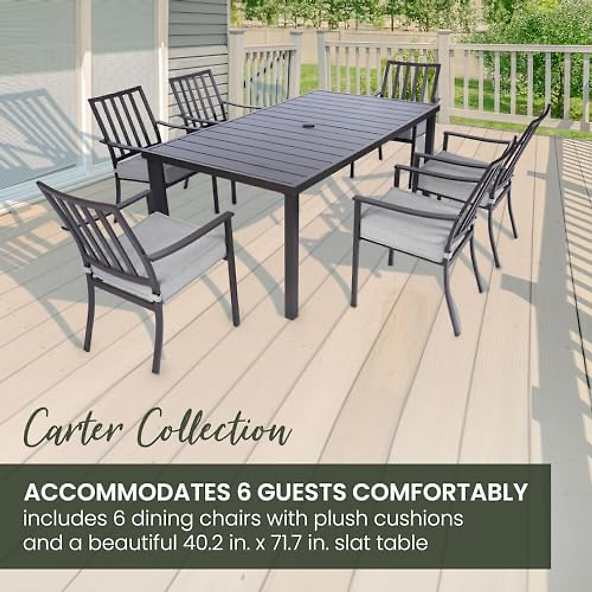 Mod Furniture Carter 7-Piece Patio Dining Set, Modern Patio Furniture, Outdoor Dining Set for 6 with All-Weather Aluminum Frames, Padded Dining Chairs, and Slat Table