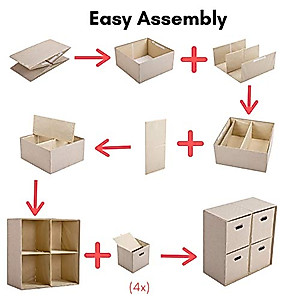 BIRDROCK HOME Cream Linen Cube Organizer Shelf with 4 Storage Bins – Strong Durable Foldable Shelf – Kid Toy Clothes Towels Cubby – Collapsible Bedroom Fabric Shelves and Cubes