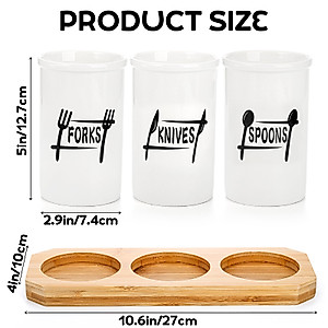 Youeon 3 Pcs Ceramic Silverware Caddy Utensil Holder for Countertop, Silverware Organizer with Bamboo Tray, Spoon and Fork Holder, Flatware Organizer Utensil Caddy for Counter, Cabinet, Restaurant