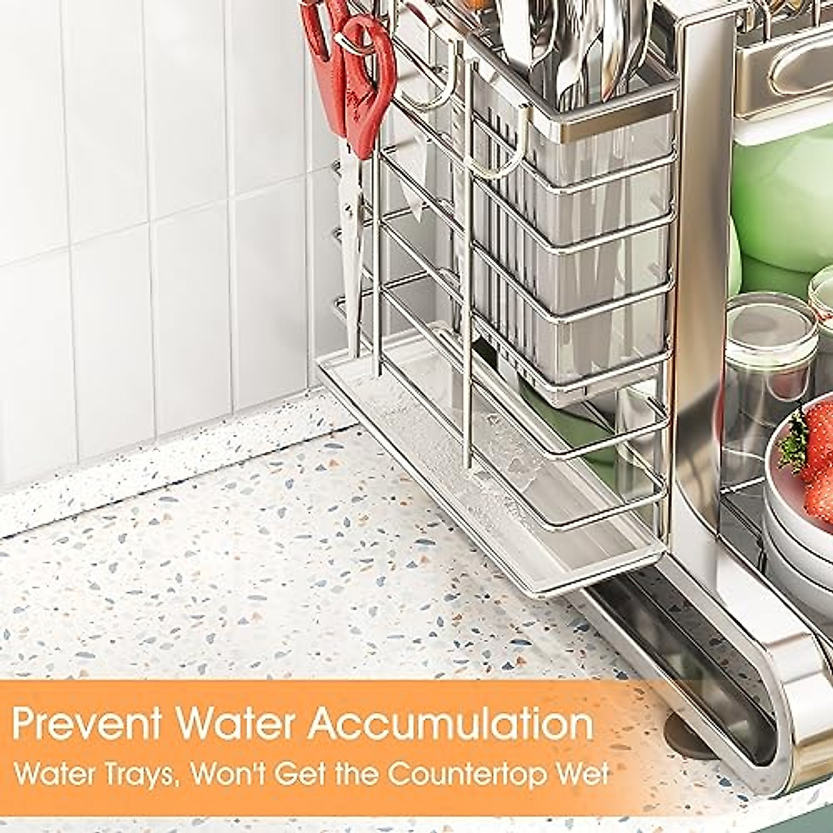 Dish Drying Rack, Stainless Steel Dish Rack, Rustproof Dish Drainers for Kitchen Counter, Multifunctional 2 Tier Dish Drainers Organizer with Drainboard & Utensil Holder