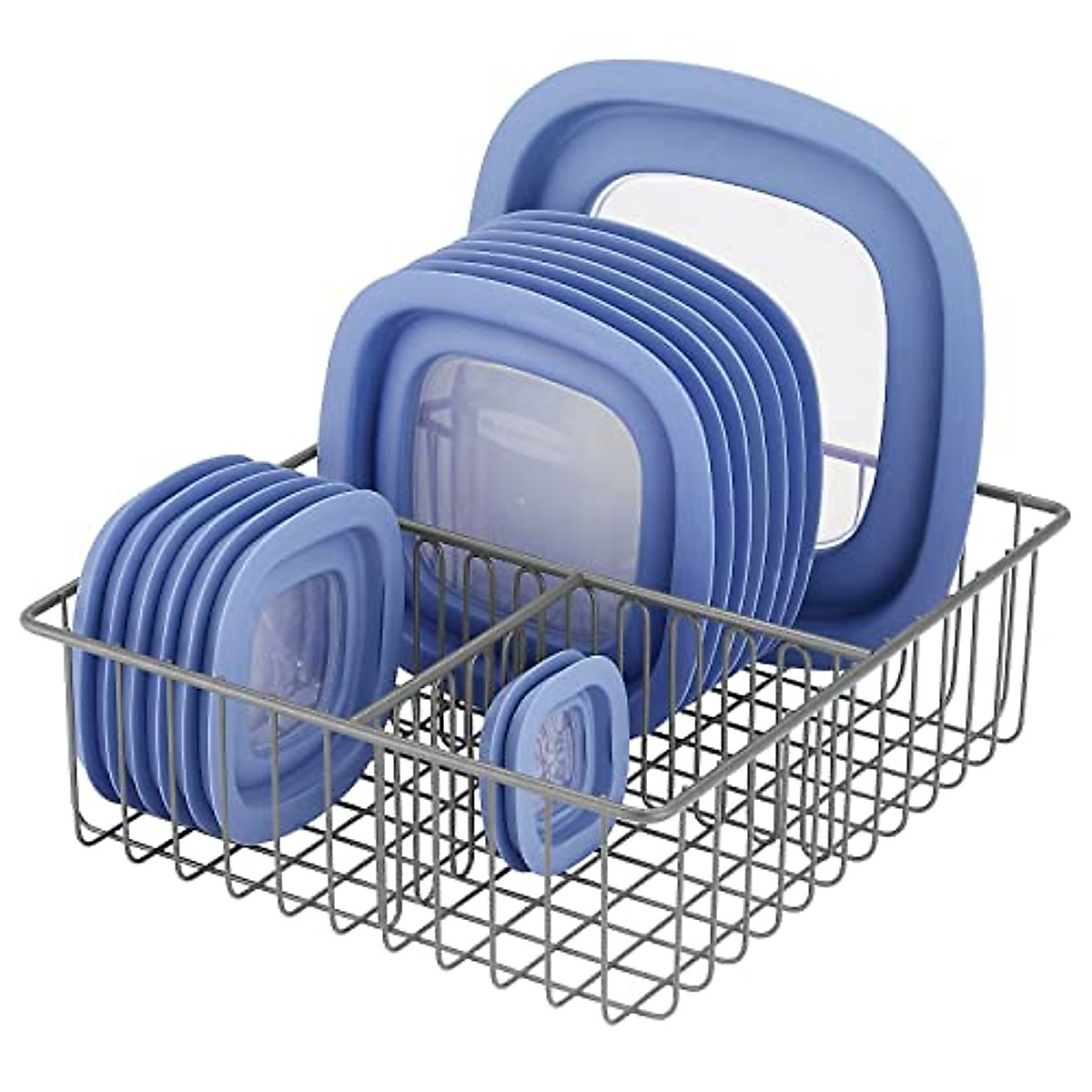 mDesign Metal Kitchen Food Storage Container Lid Holder, 3-Compartment Organizer Bin for Organization in Kitchen Cabinets, Cupboards, Pantry Shelves, Drawers - Wide - Graphite Gray