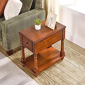 JESONVID Narrow End Table with Drawer and Shelf, Solid Wood Sofa Side Table 2-Tier Skinny Table with Storage Slim Bedside Table for Small Spaces Living Room-Cherry Brown