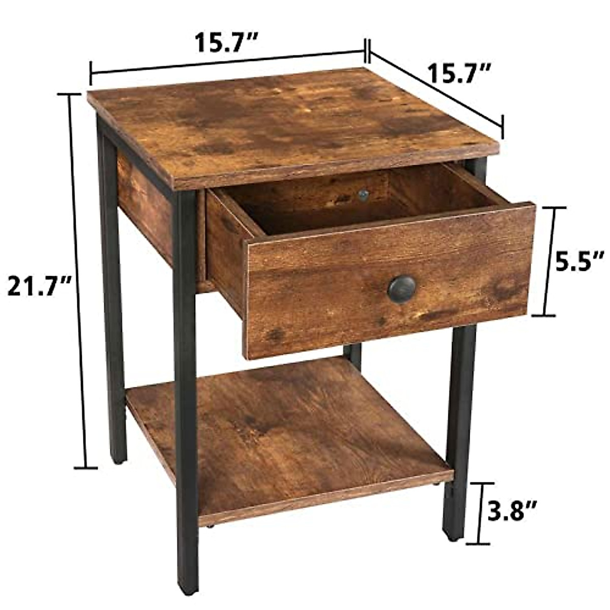 HIGOH Bedside Table 2 Tier Wooden Nightstands Tables with Drawer Rustic Bedroom Bed Side Table with Metal Frame for Bedroom Living
