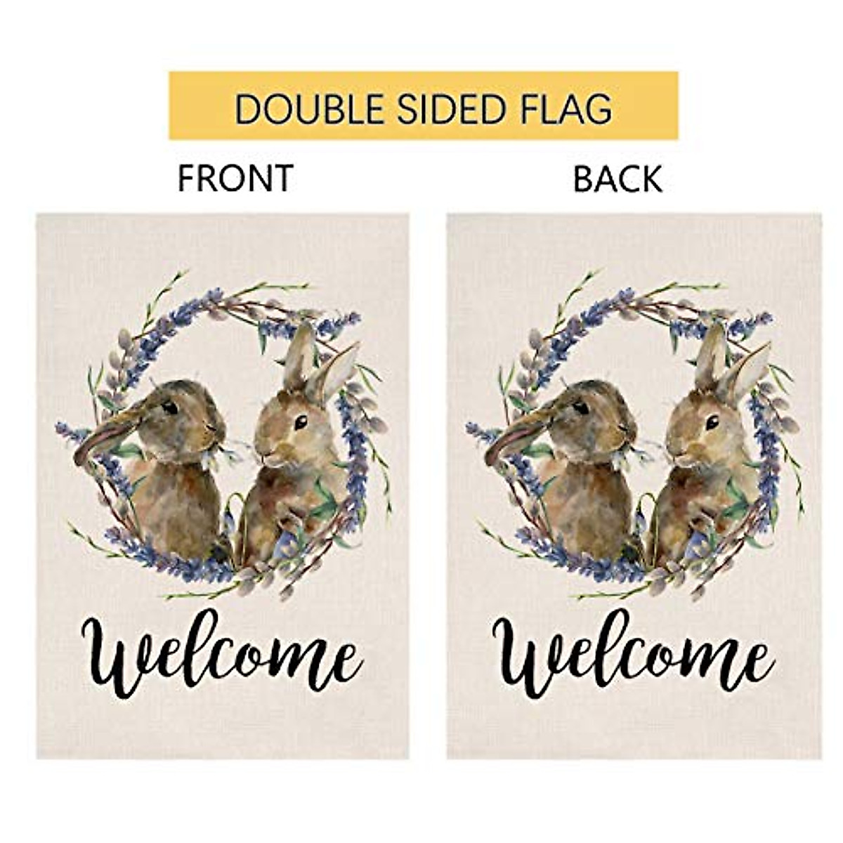 Spring Easter Bunny Lavender Welcome Garden Flag Vertical Double Sided Burlap Yard Rabbit Wreath Outdoor Decor 12.5 x 18 Inches
