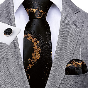 Barry.Wang Flower Ties for Men Handkerchief Cufflinks Set Wedding Necktie Set Party