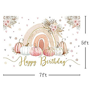 MEHOFOND Autumn Boho Little Pumpkin Backdrop Girl Happy Birthday Party Banner Decorations Thanksgiving Bohemia Rainbow Blush Pink Floral Photography Background 1st Bday Cake Smash Table Supplies 7x5ft