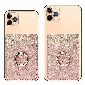 Phone Card Holder Sleeve RFID Credit Wallet with Kickstand Ring for Women, DMaos 2 Pieces Glitter Sands Wallet Stick-On Back Grip for iPhone Samsung Android and Smartphones - Pink + Gold