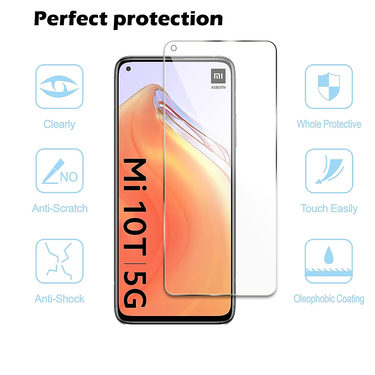[3+2 Pack] 3 Pack for Xiaomi Mi 10t / Mi 10t Pro HD Clear Tempered Glass Screen Protector +2 Pack Camera Lens Protector, [9H Hardness][Bubble-Free] [Shatter Proof] [Anti-fingerprint [Easy