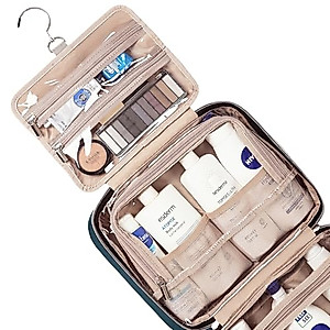 NISHEL Travel Toiletry Bag for women, Portable Hanging Organizer for Full-Sized Shampoo, Conditioner, Brushes Set, Makeup Accessories, Large Size, Lake-Blue