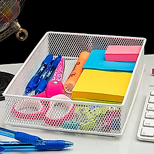 YBM HOME White Mesh Drawer Cabinet and or Shelf Organizer Bins, School Supply Holder Office Desktop Organizer Basket (2, 6x9x2 Inch)