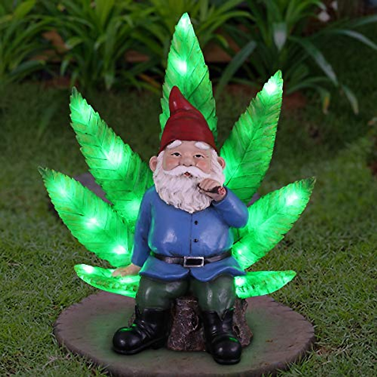 Exhart Smoking Garden Gnome Statue with LED Light-Up Pot Leaf, Battery Powered Timer, Durable Resin Outdoor Decor, Funny Gnomes Yard Art, 11 x 6 x 12 Inch
